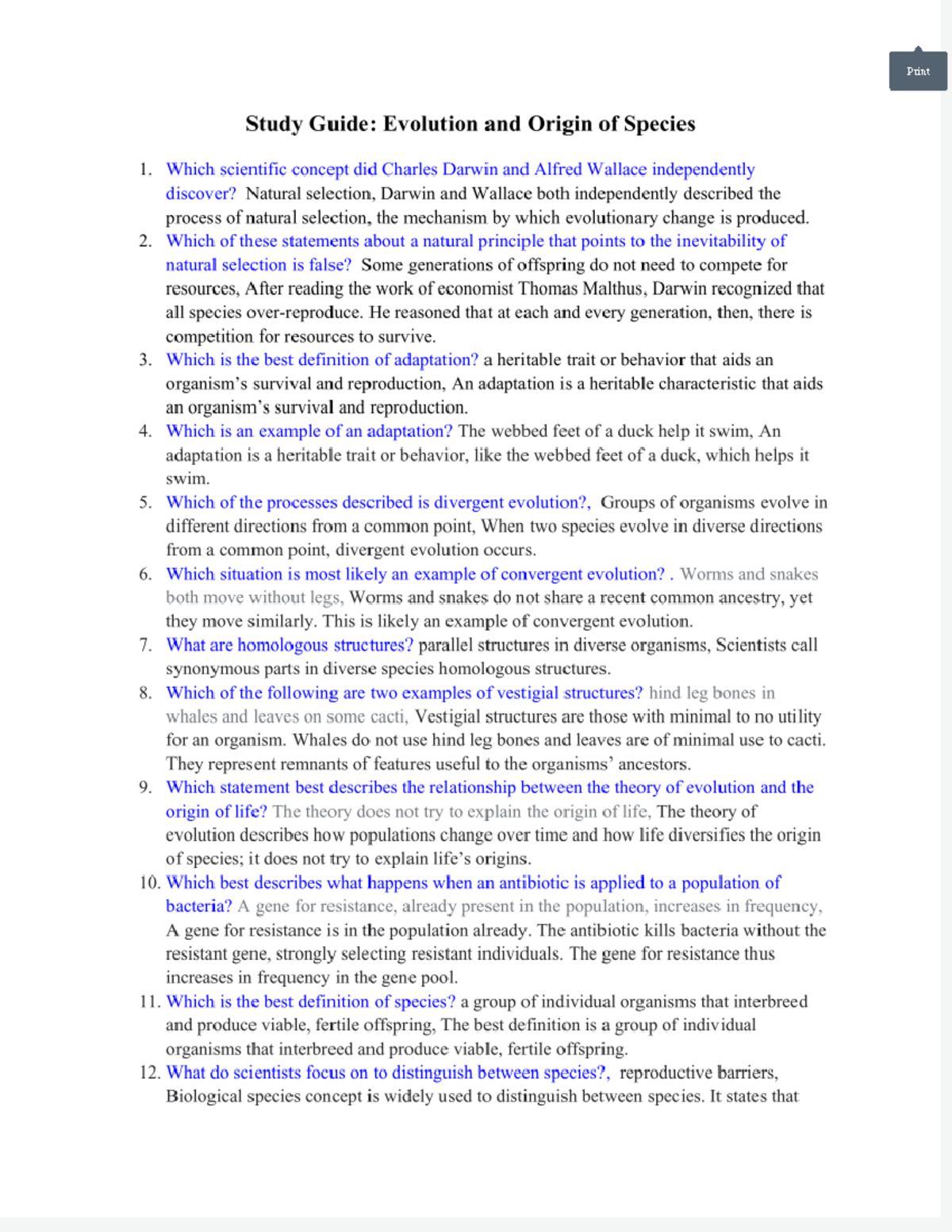 Answer Key - Evolution and Origin of Species (Bio 101) Study Guide ...