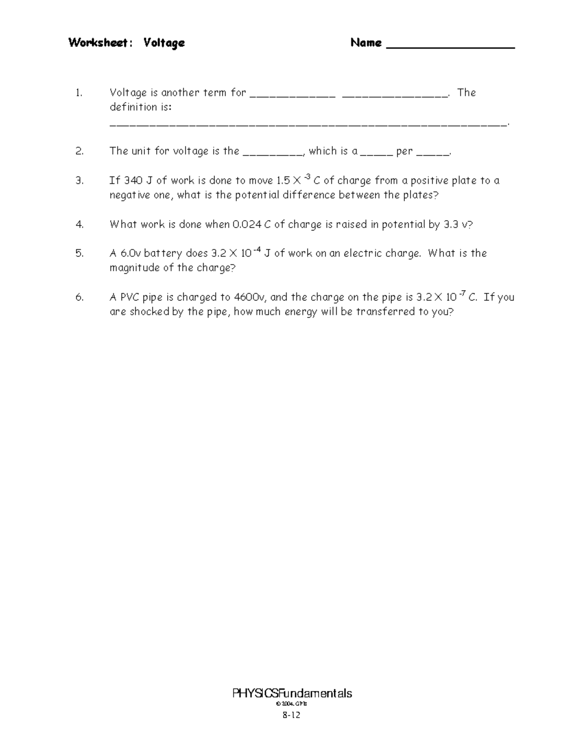 Voltage Worksheet - Worksheet: Voltage Name ...