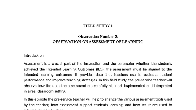 FIELD STUDY 1: Observation #5 on Learning Assessment Techniques - Studocu