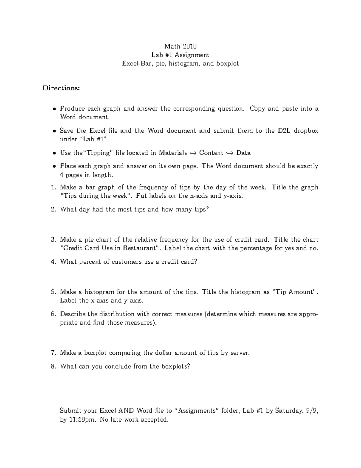 Math 2010 Lab #1: Graphing Tips Data with Excel Analysis - Studocu