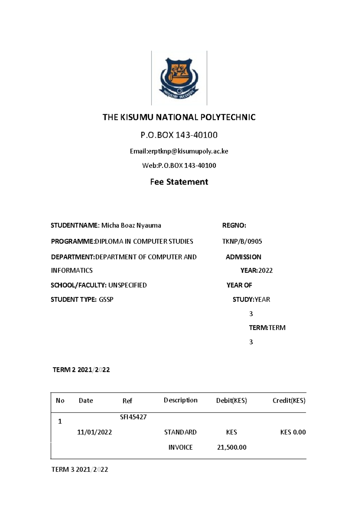 Fee Statement for Diploma in Computer Studies TKNP/B - 2022 - Studocu