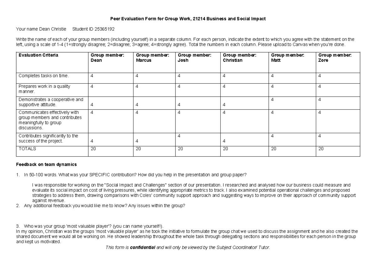 Peer Evaluation Form for Group Work - BUS 21214 - Studocu