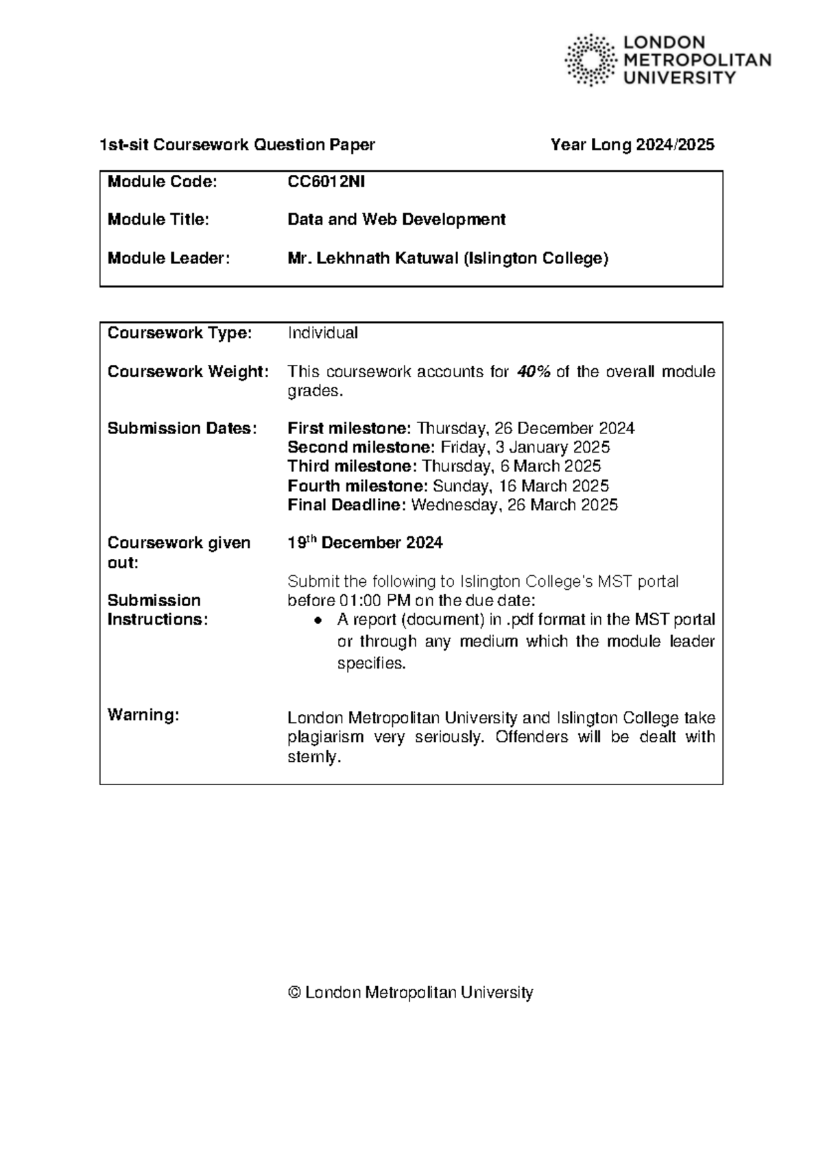 CC6012NI Data and Web Development 1st Sit Coursework QP 202425 - Studocu