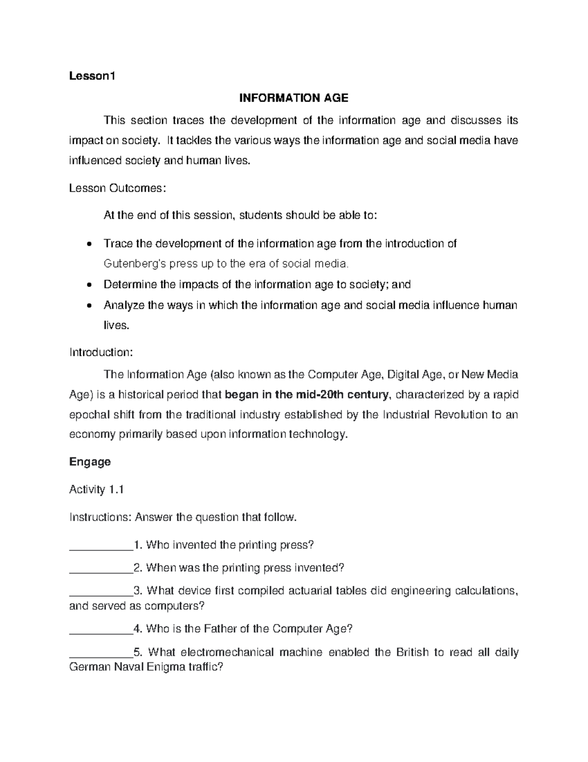 Lesson 1: Understanding the Information Age and Its Impact - Studocu