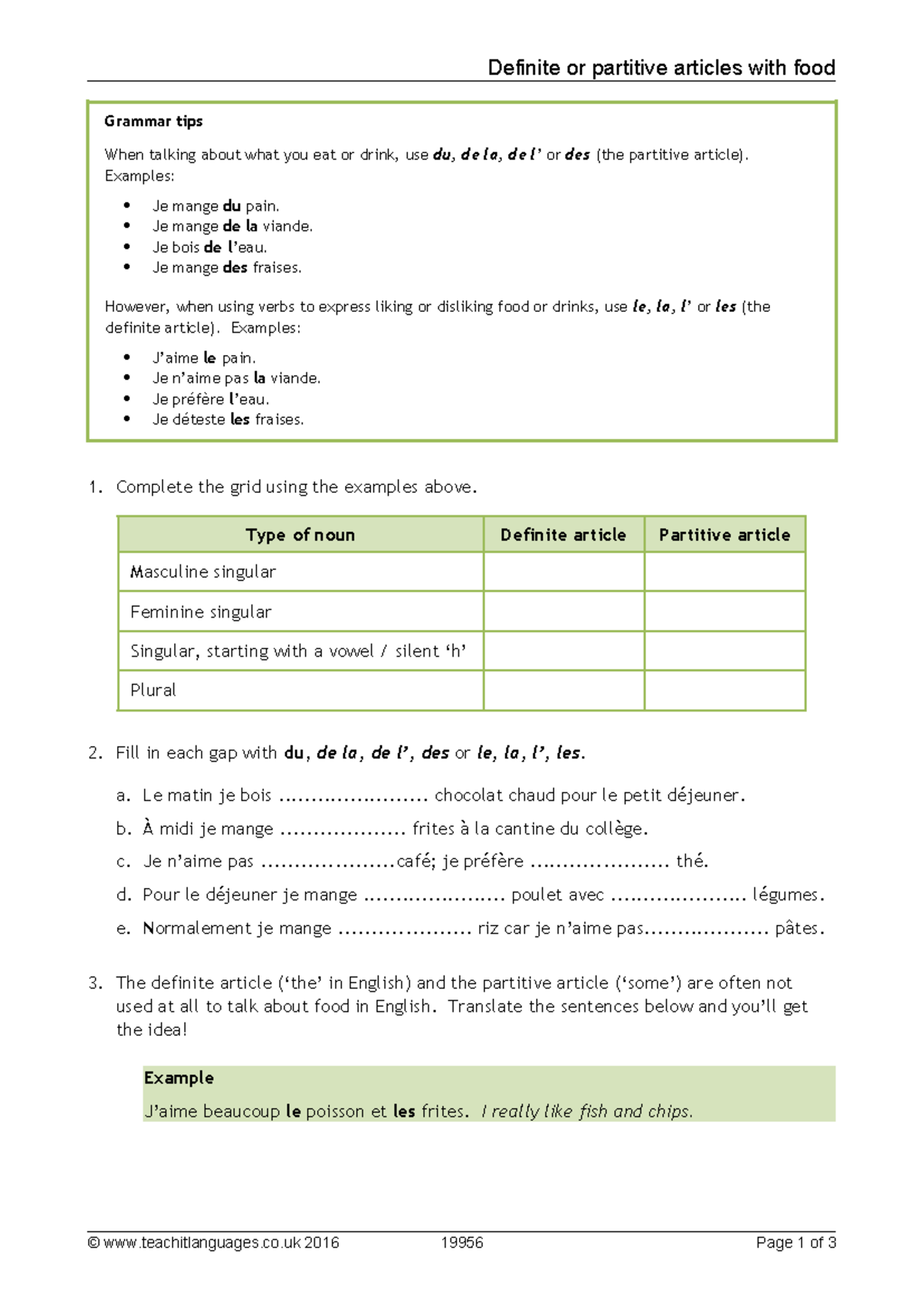 La nourriture et les boissons- revision activity - Definite or ...
