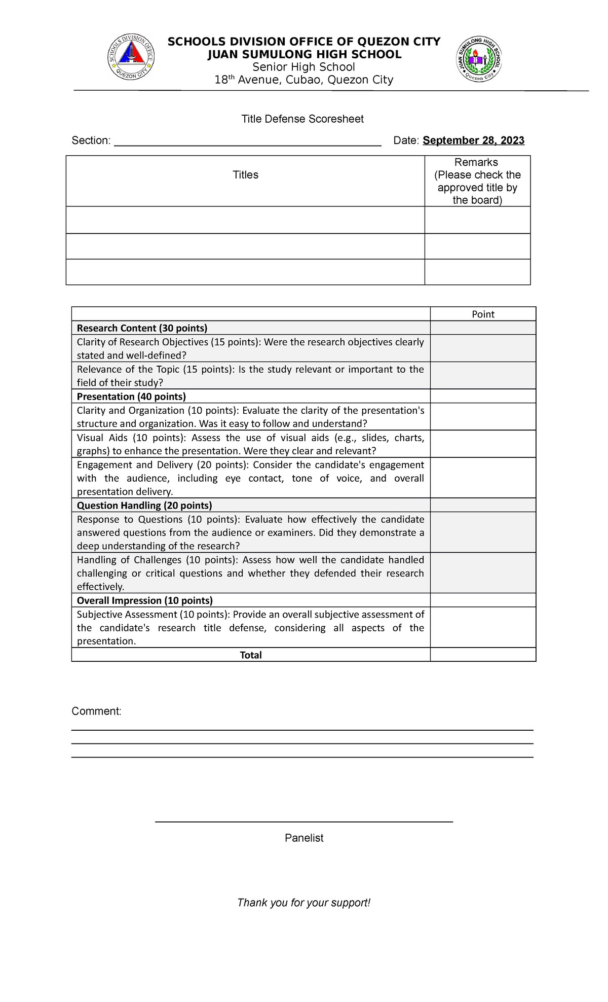 Title Defense Assessment Scoresheet - JUAN SUMULONG HS - Studocu
