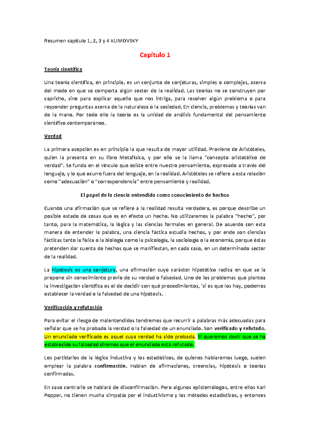 Resumen de los Capítulos 1 a 4 de Klimovsky - Teoría Científica y Observación - Studocu