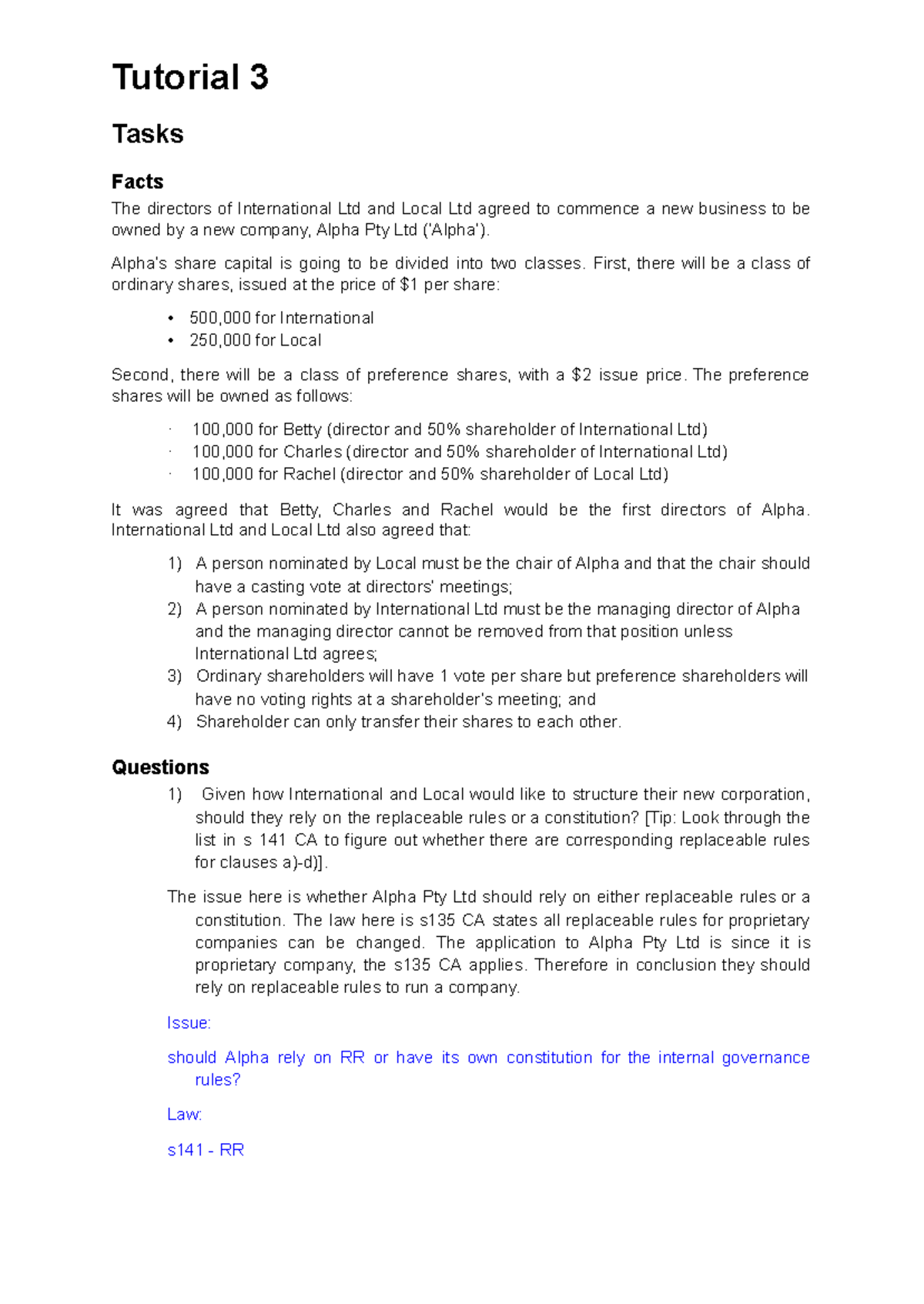 Law tut 3-3 - corporation law tutorial 3 - Tutorial 3 Tasks Facts The ...