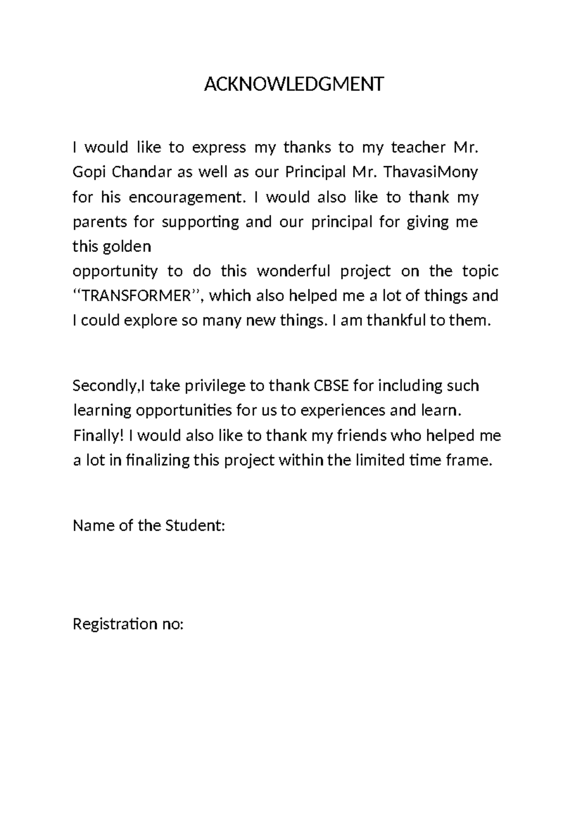 Acknowledgment for Class XII Physics Project - VIDYA PEETAM - Studocu