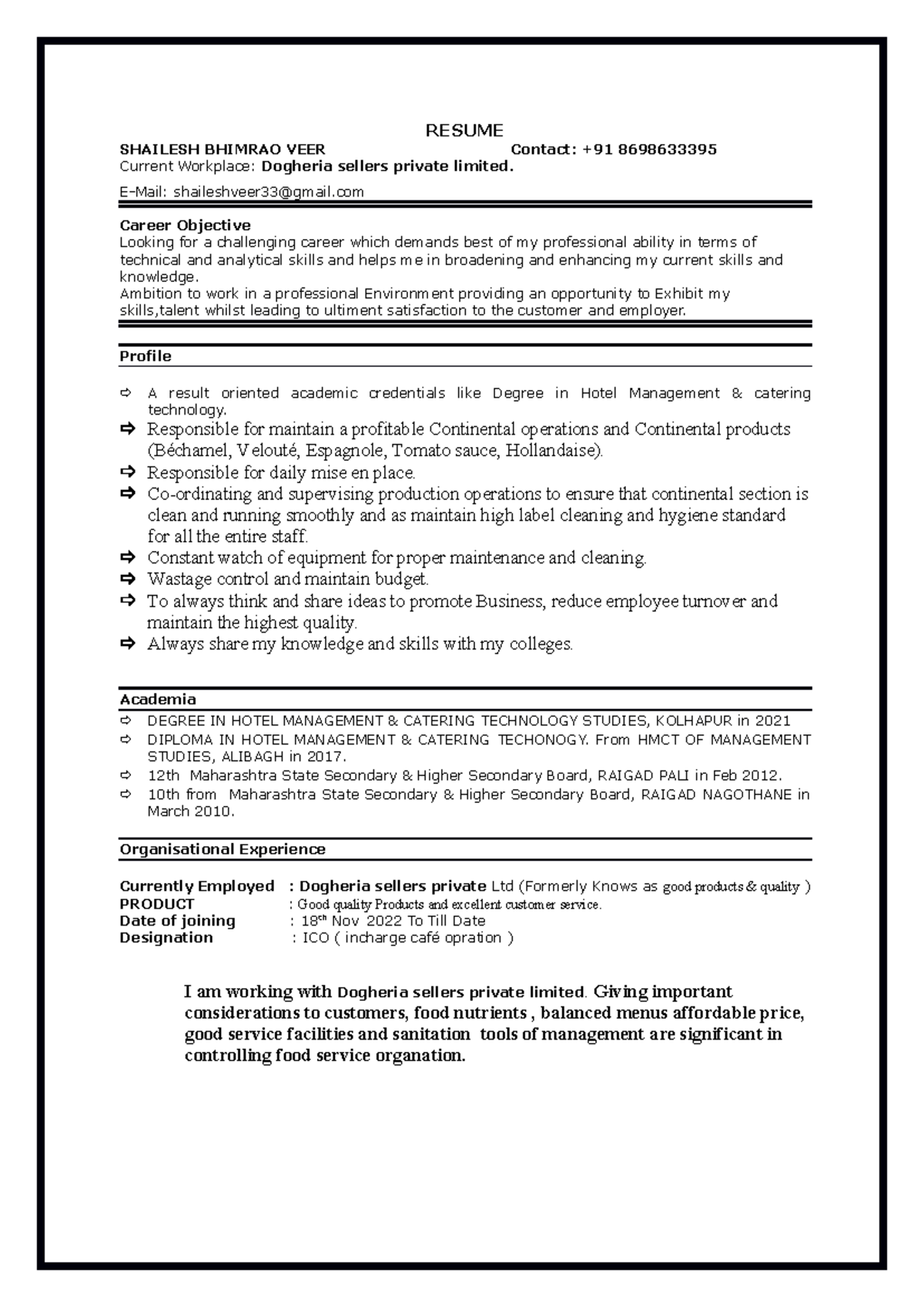 Resume of Shailesh Bhimrao Veer - Hotel Management Graduate - Studocu