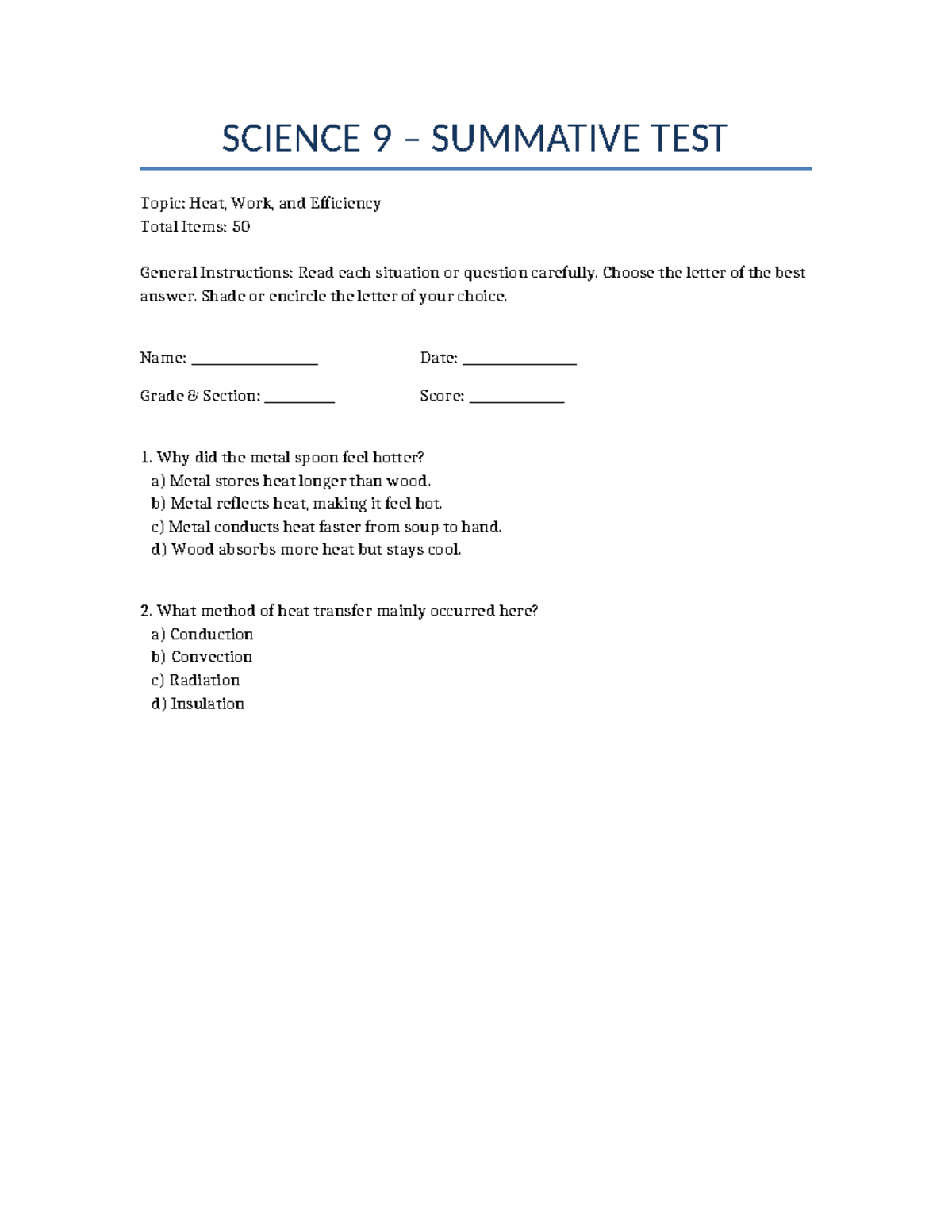 SCIENCE 9 SUMMATIVE TEST: Heat, Work & Efficiency Quiz - Studocu