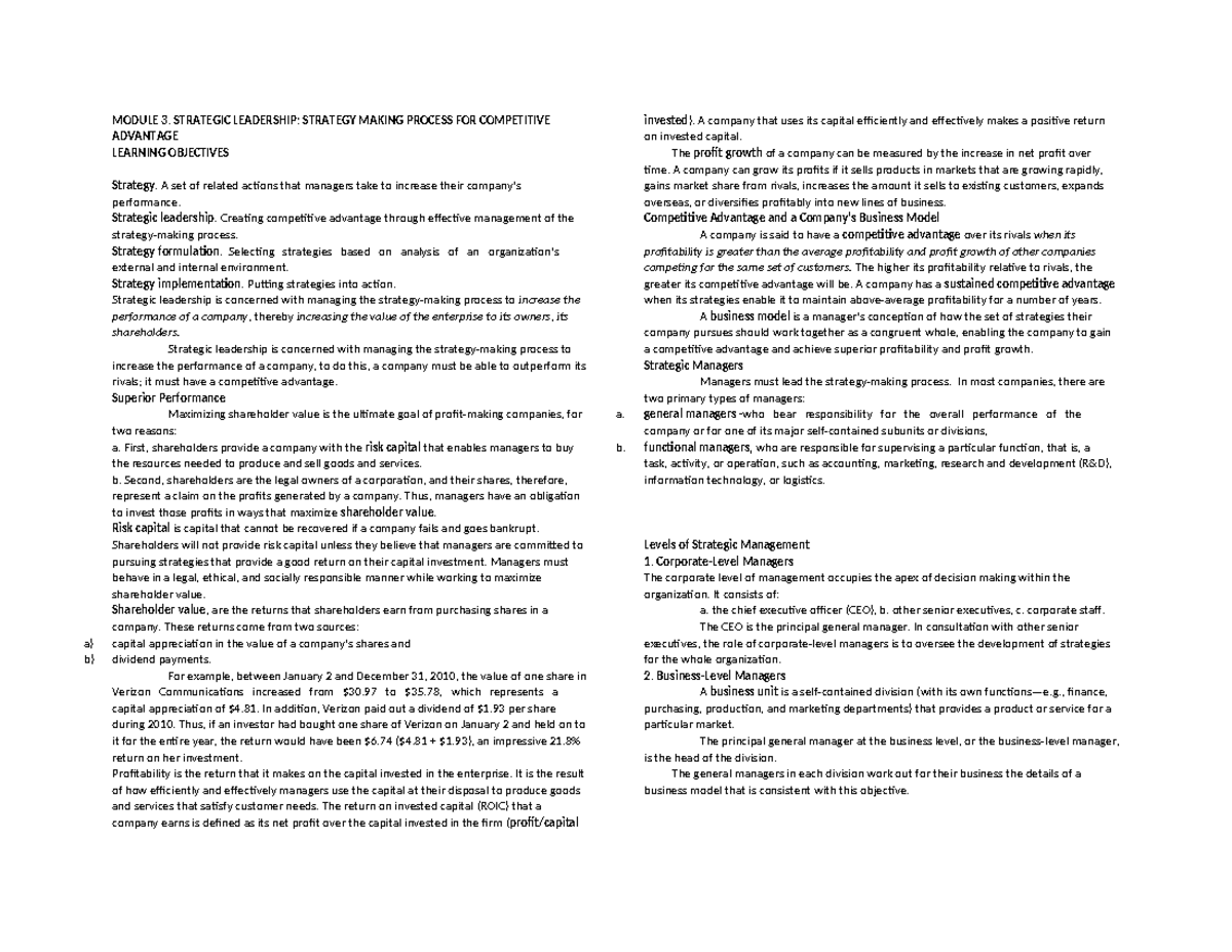 Logic-3 Strategic Leadership Module 3: Competitive Advantage Review ...