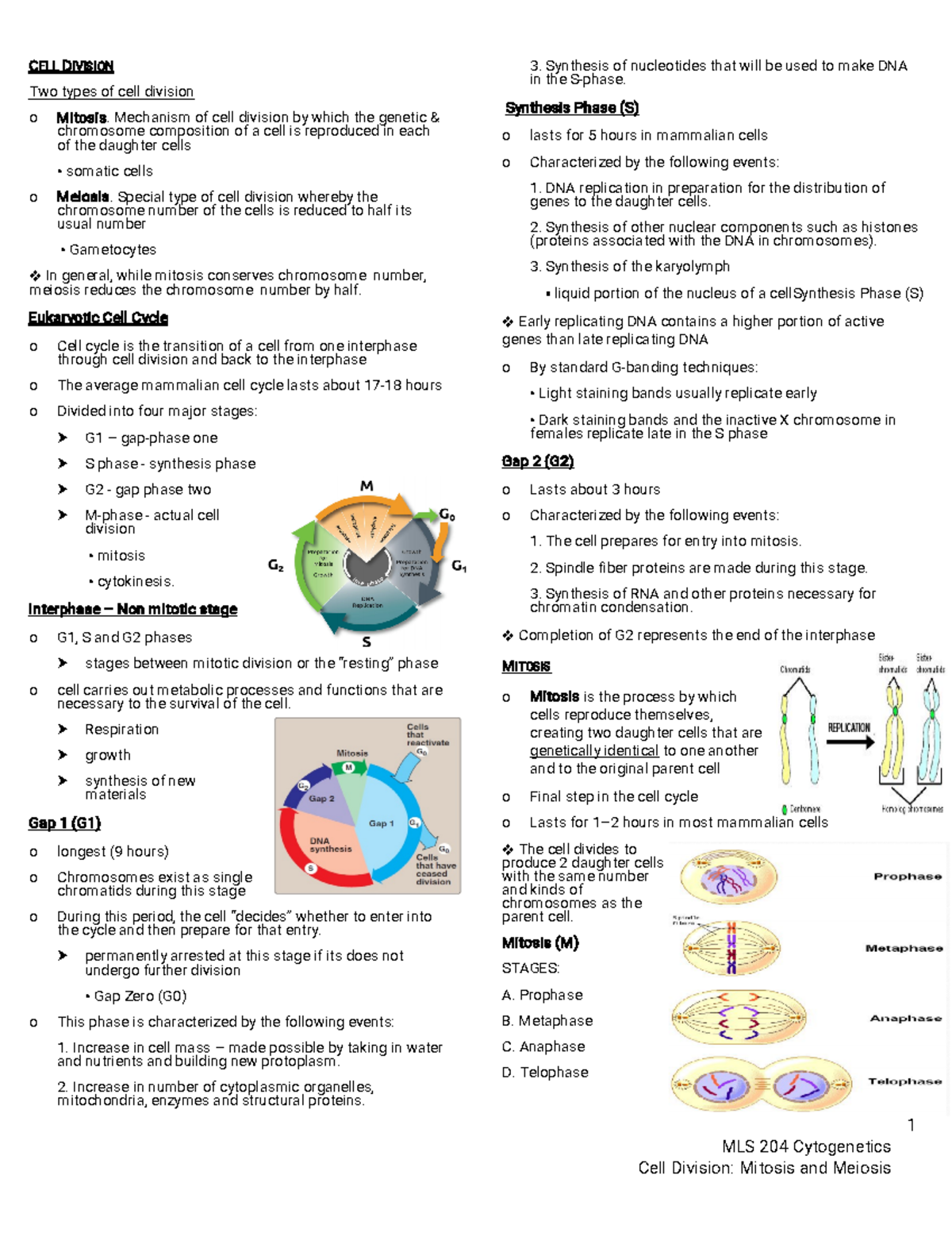 Cell Division notes - MLS 204 Cytogenetics 1 CELLDIVISION ...
