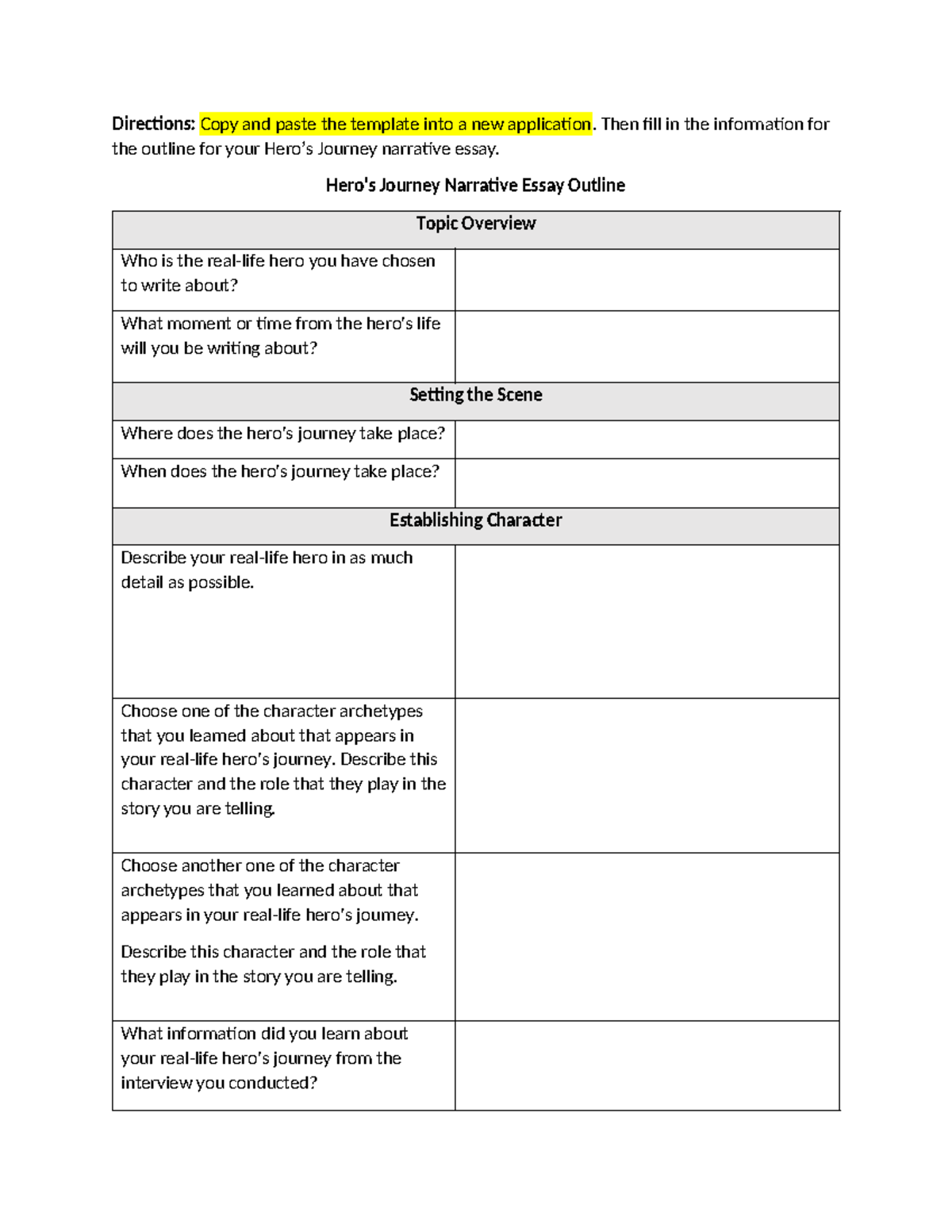 Hero's Journey Narrative Essay Outline Template - Studocu