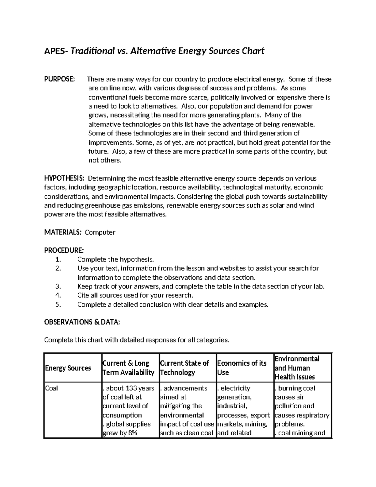 APES Energy Sources Overview: Traditional vs. Alternative Options - Studocu