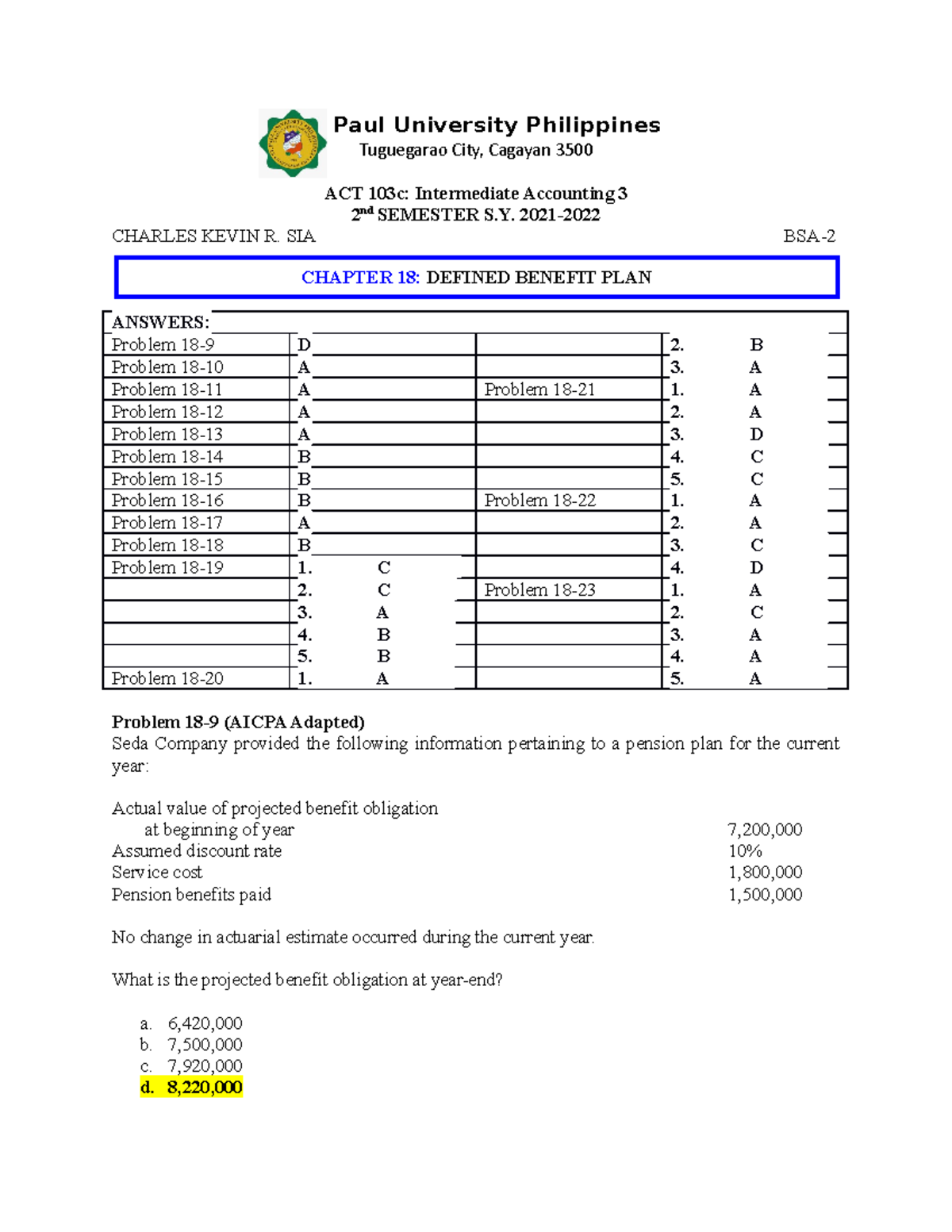 ACT 103c: Intermediate Accounting 3 - Defined Benefit Plan Solutions - Studocu