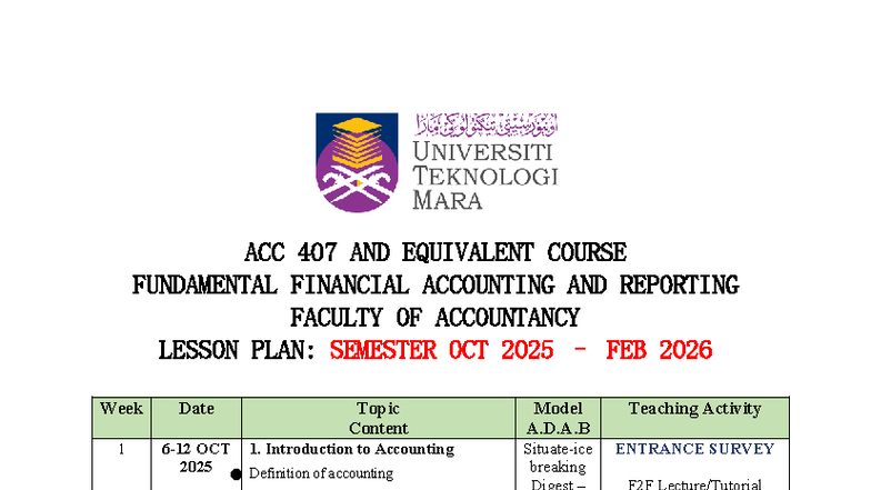 ACC 407 Lesson Plan: Fundamental Financial Accounting (Oct 2025 - Feb ...