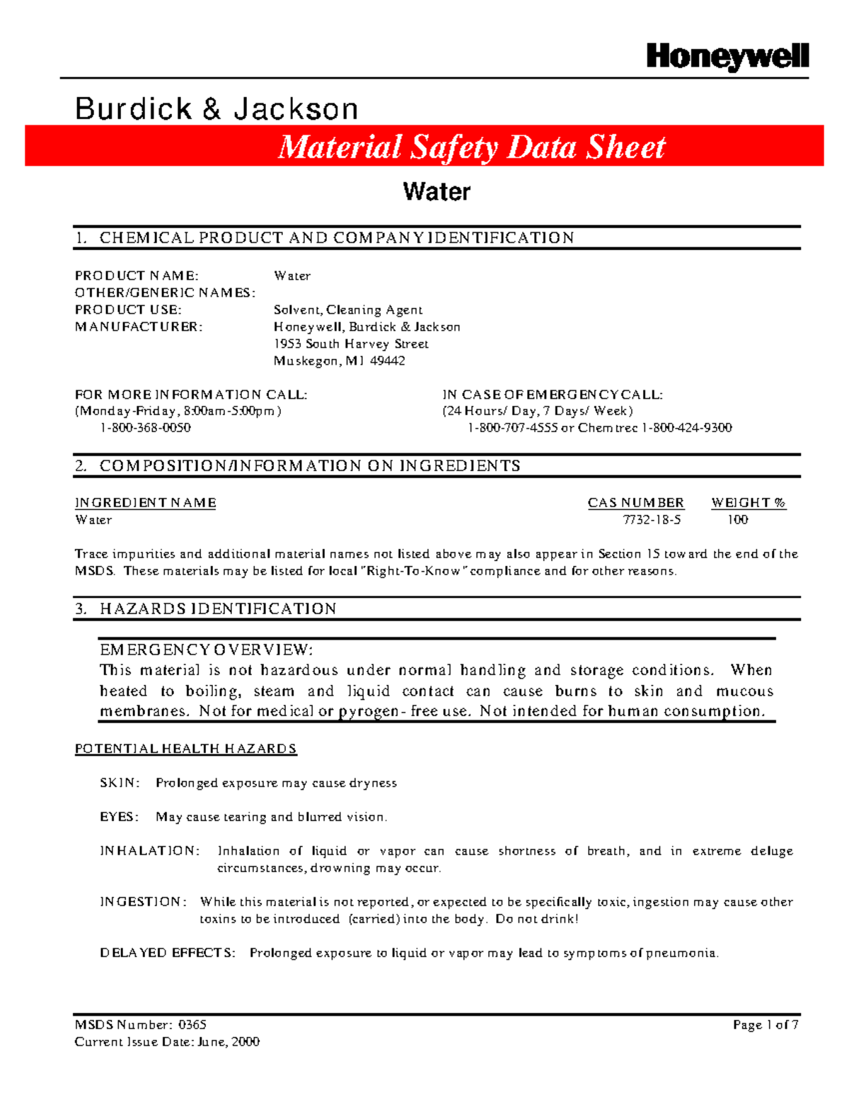 MSDS-Water - Material Safety Data Sheet of Water - Material Safety Data ...