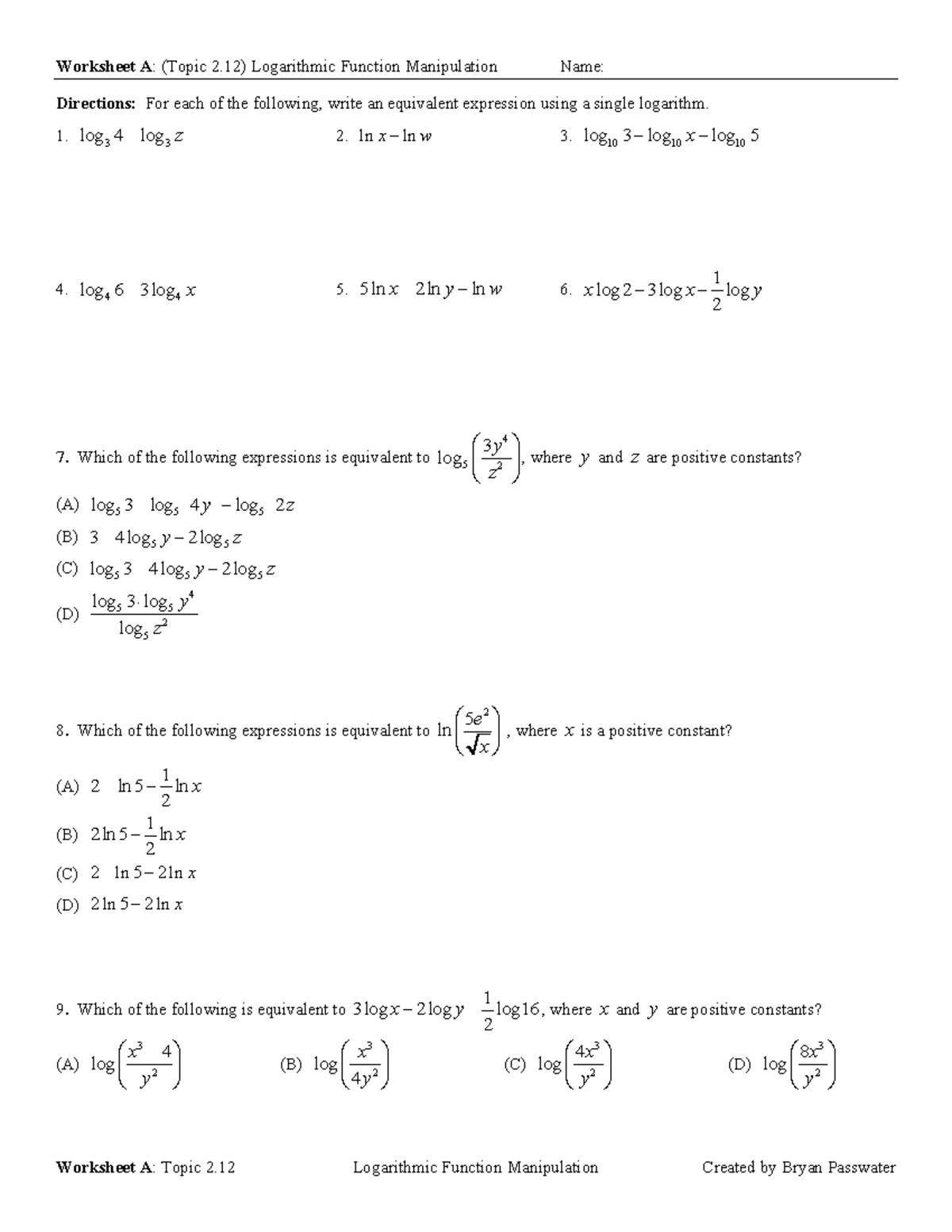 Worksheet A - Topic 2.12: Manipulating Logarithmic Functions - Studocu