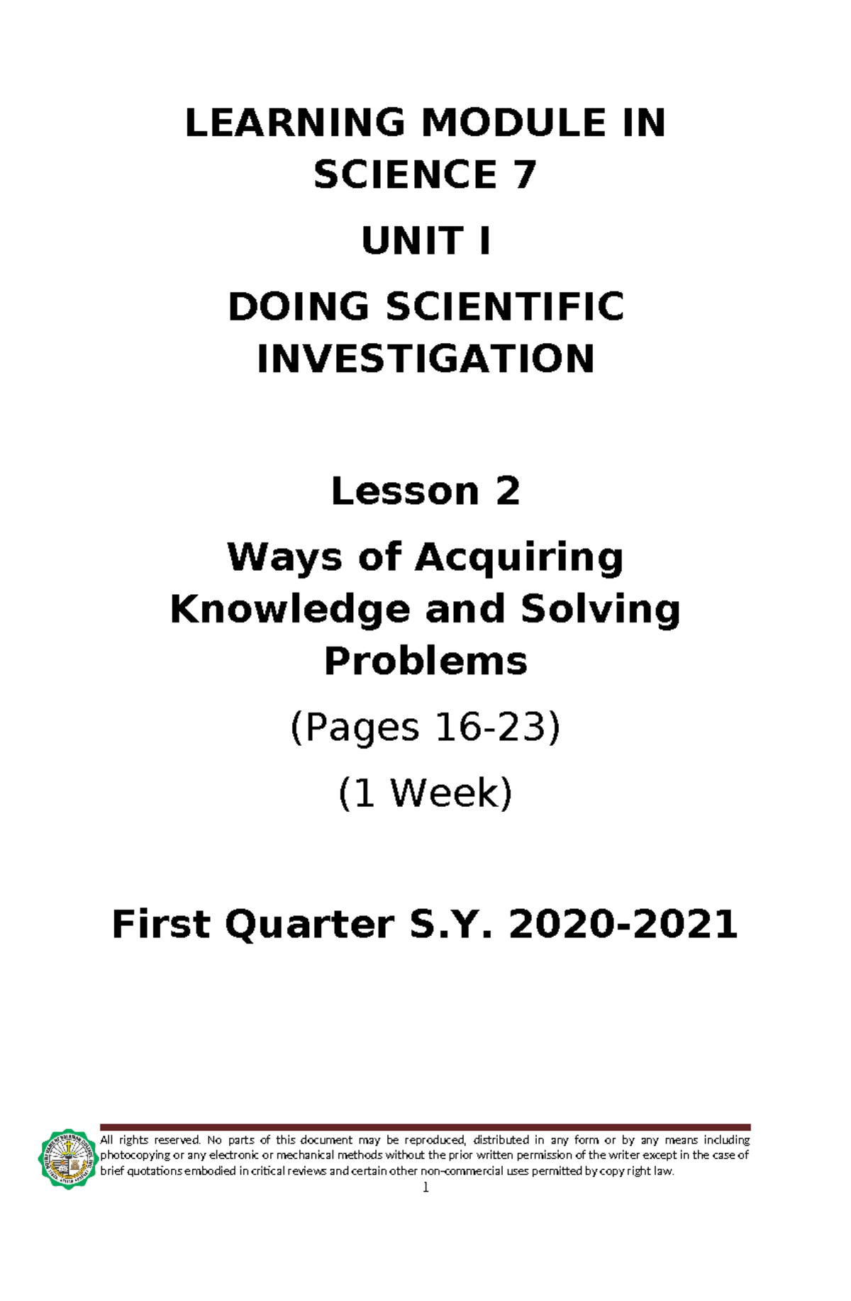 Cover Page per lesson- long - LEARNING MODULE IN SCIENCE 7 UNIT I DOING ...