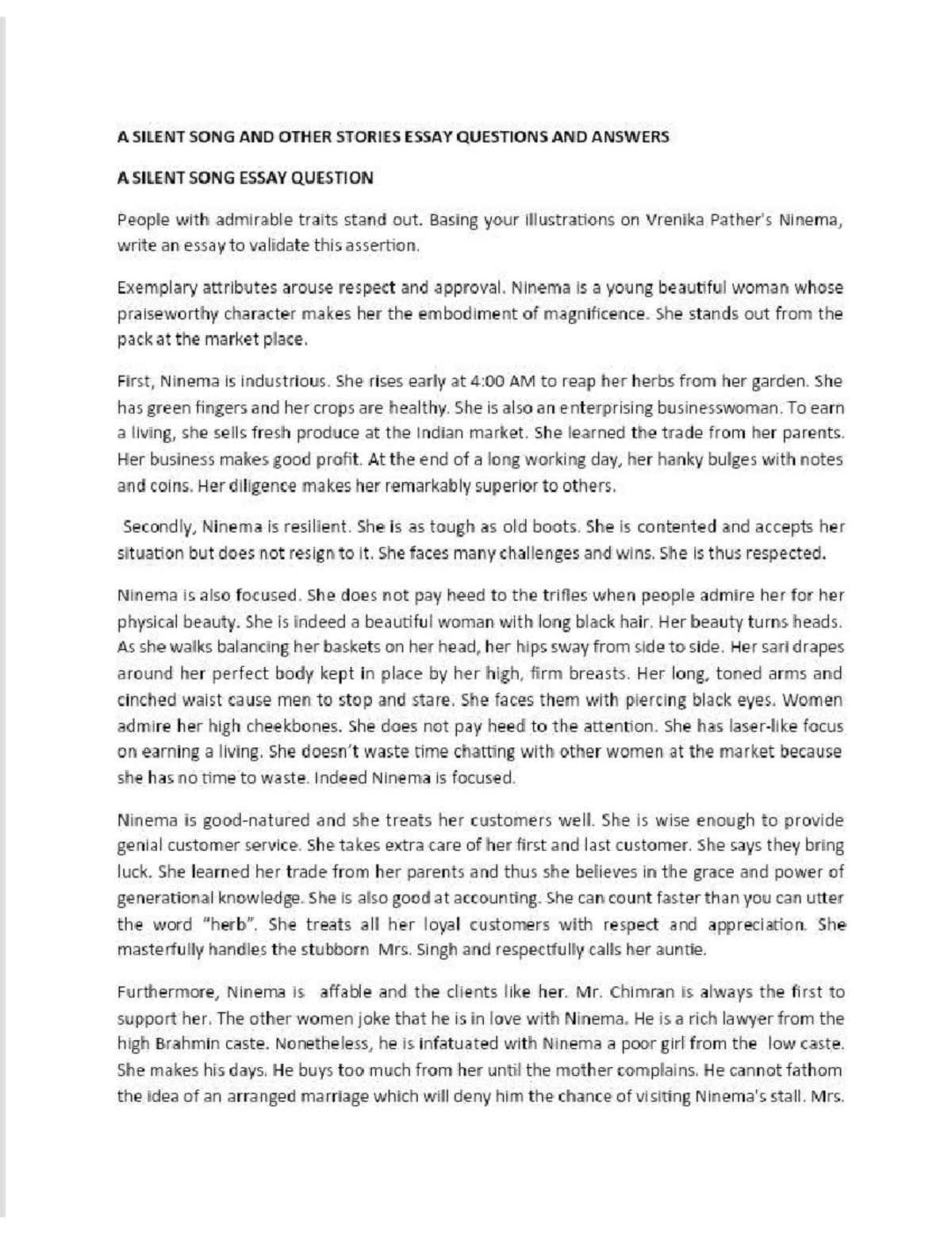 Silent Song Essays (ENG101) - Questions & Insights on Character Traits ...