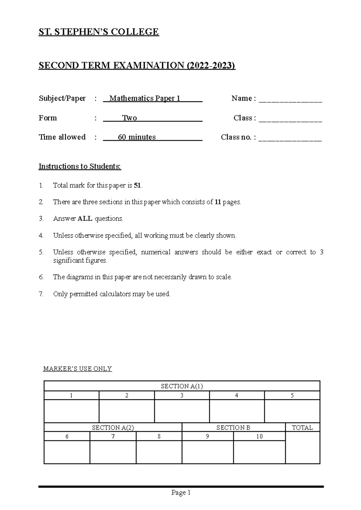 (2022-23) F.2 Mathematics 2nd Term Exam Paper 1 - Studocu