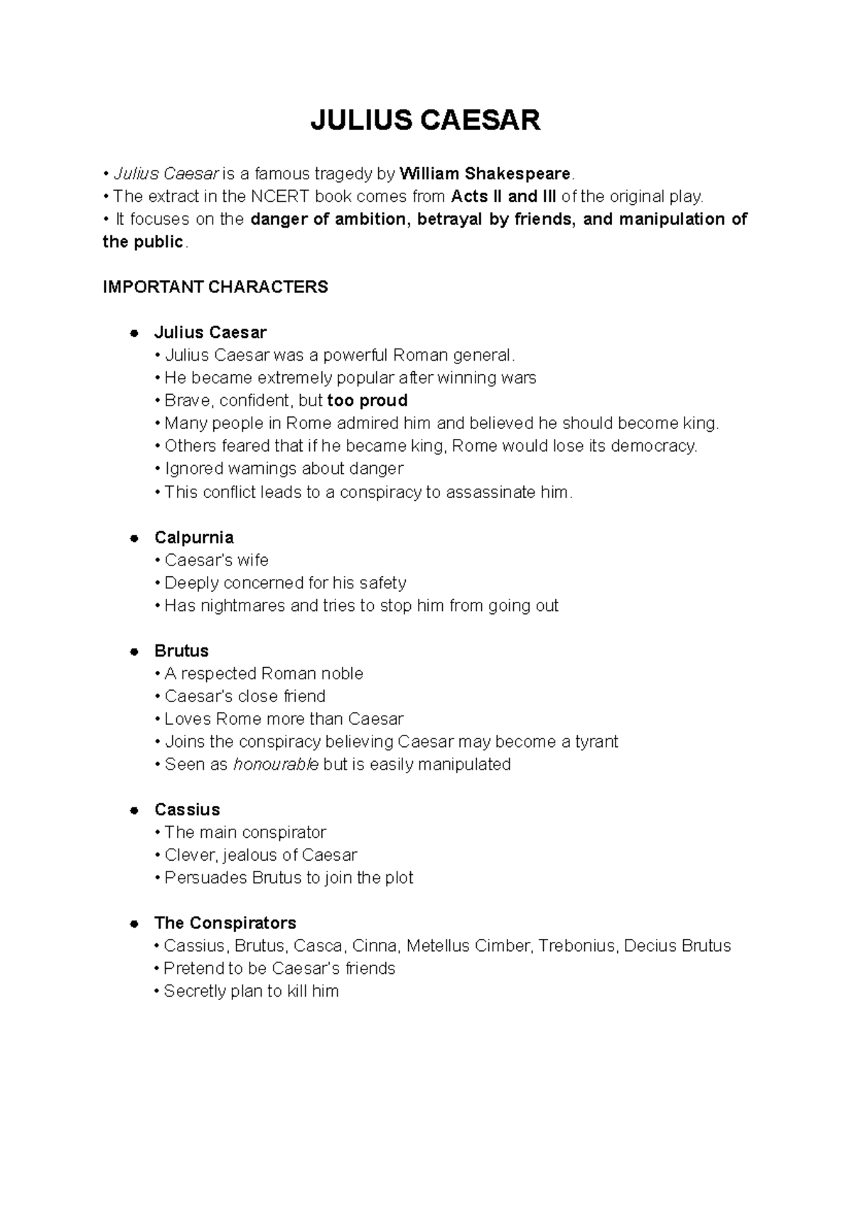 JULIUS CAESAR (ENG 101) - Analysis of Acts II & III: Ambition and ...