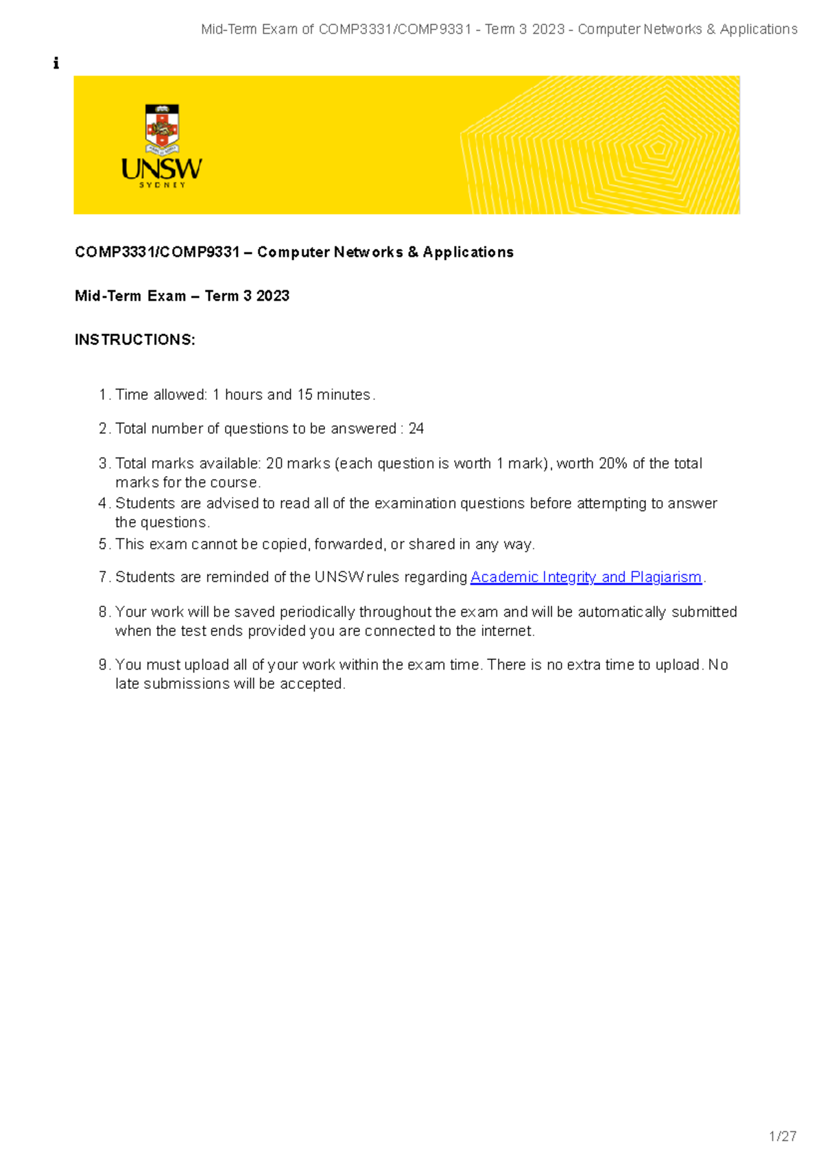 COMP3331/COMP9331 Mid-Term Exam Term 3 2023 Solutions Overview - Studocu