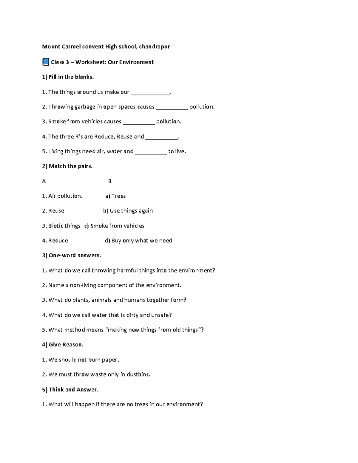 Class 3 Science Worksheet: Understanding Our Environment - Studocu