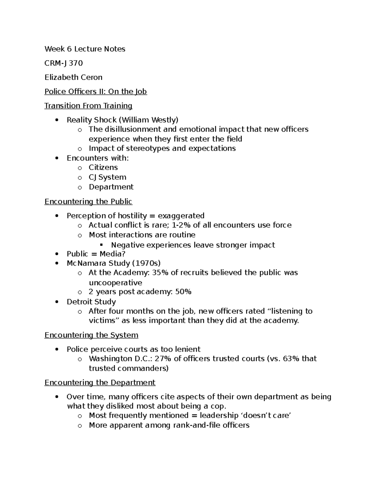 Police Officers II: On the Job - Week 6 Lecture Notes (CRM-J 370 ...