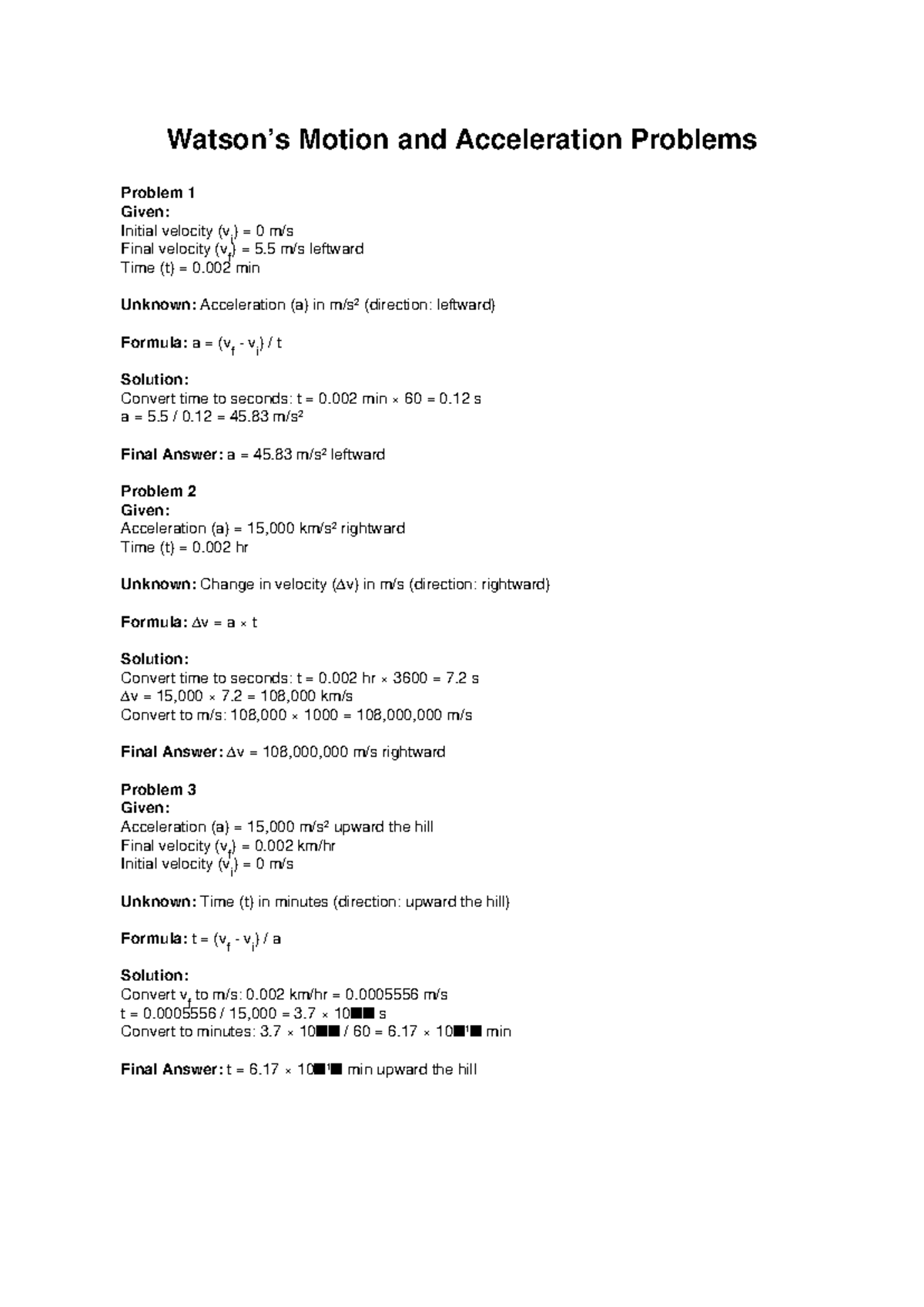 Watson Physics: Motion & Acceleration Problems (Final Exam) - Studocu
