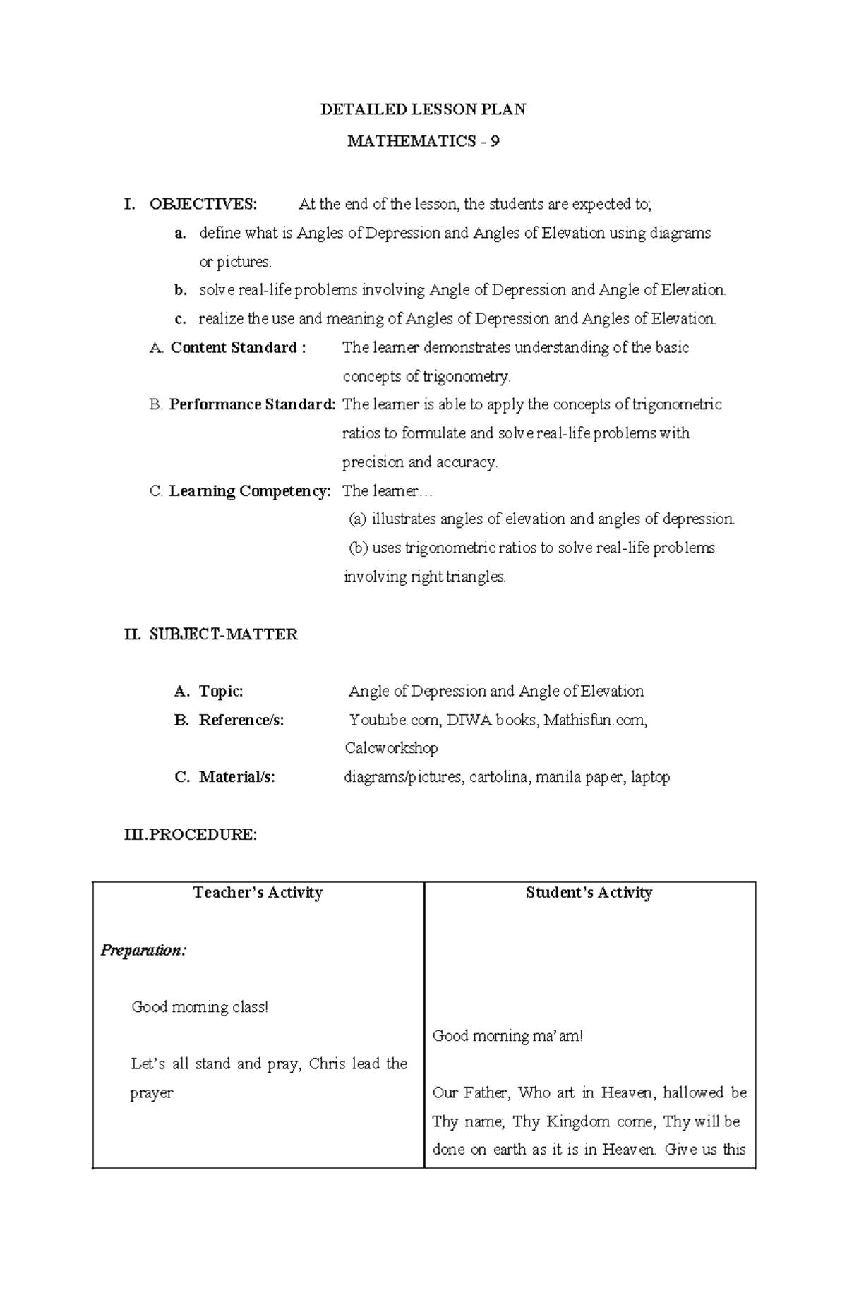 MATHEMATICS 9: Lesson Plan on Angles of Depression & Elevation - Studocu