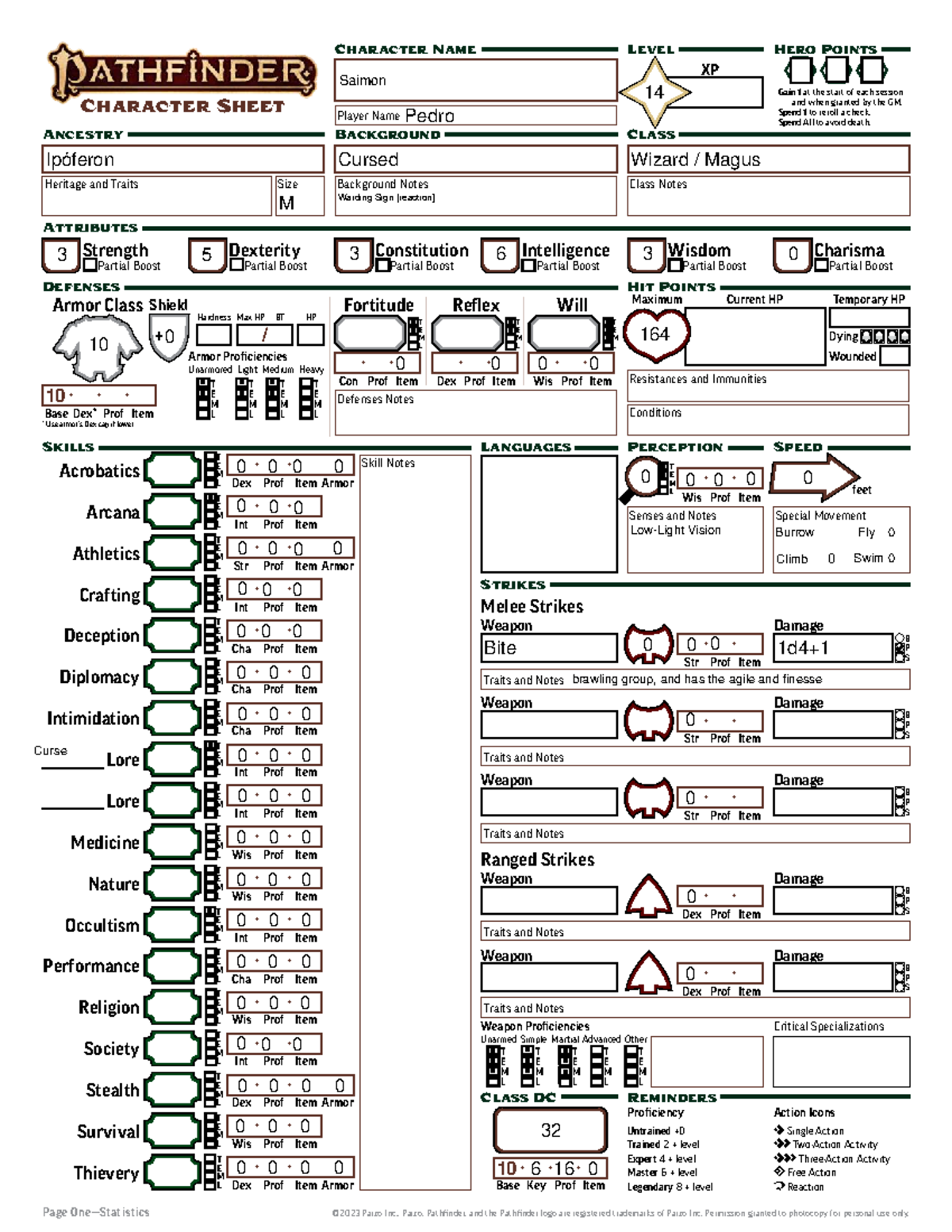 Saimon Character Sheet (PF2E) - Cursed Wizard Level XP Guide - Studocu