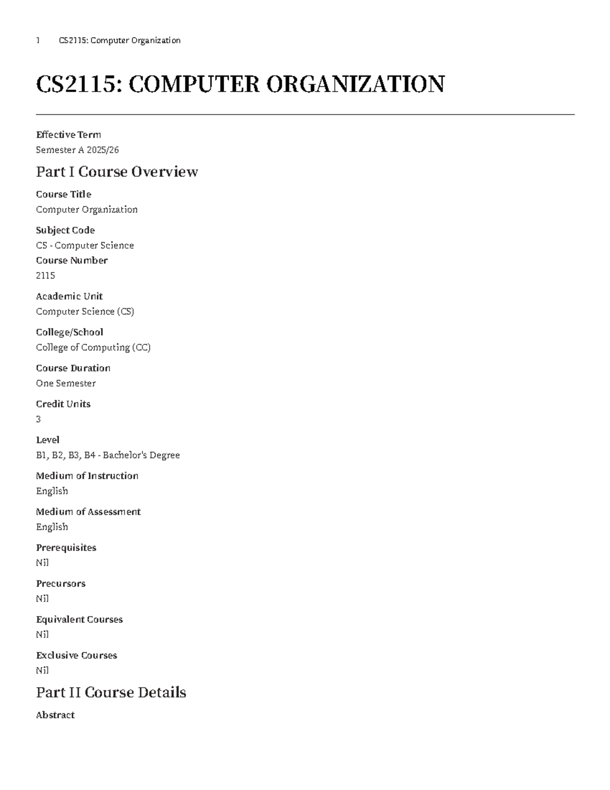 CS2115: Computer Organization Course Overview and Key Concepts - Studocu