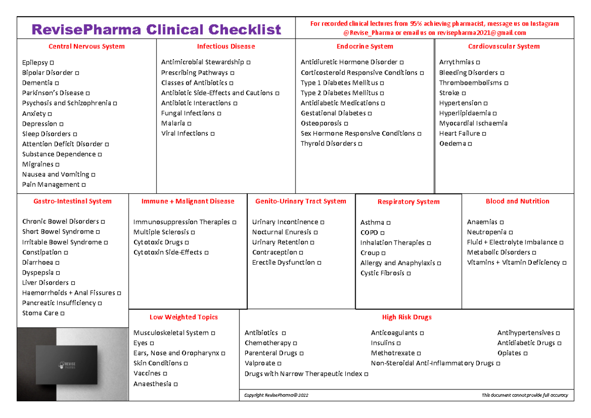 RevisePharma Clinical Checklist for PharmD Students: Essential Notes ...