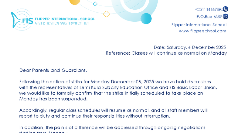 Letter to FIS Parents: Class Schedule Update 12/06/2025 - Studocu