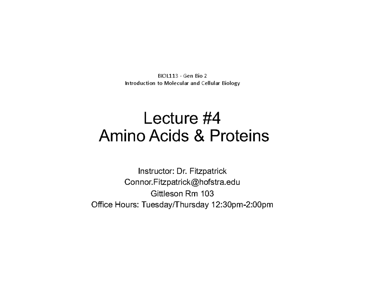BIOL113 Gen Bio 2 Lecture 4: Amino Acids & Proteins Overview - Studocu
