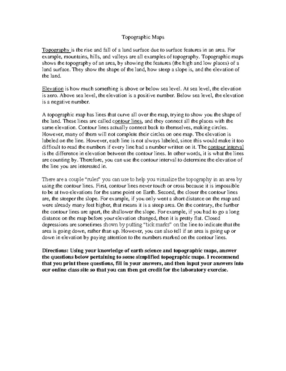 Topographic Maps Lab: Understanding Contour Lines and Elevation - Studocu