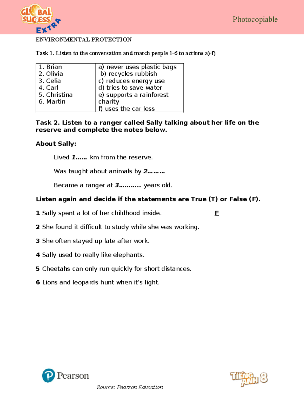 Unit 7 Extra - Listening: Environmental Protection Tasks - Studocu