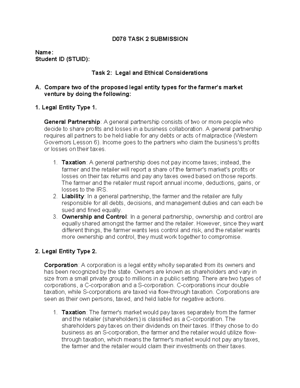 Ashley Dickerson D078 Task 2 - D078 TASK 2 SUBMISSION Name: Student ID ...