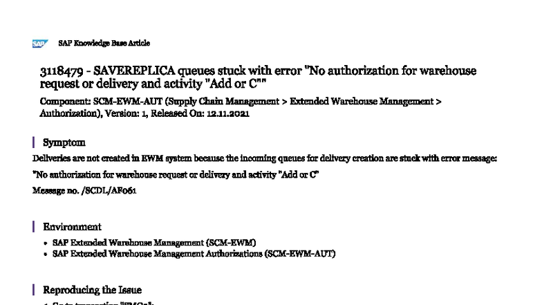SAP EWM Issue: SAVEREPLICA Queues Stuck - Auth Error (3118479) - Studocu