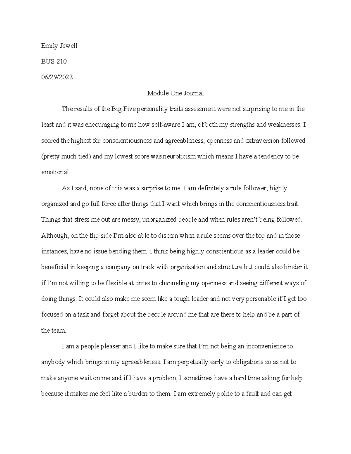 BUS 210 Module One Journal - Emily Jewell BUS 210 06/29/ Module One ...