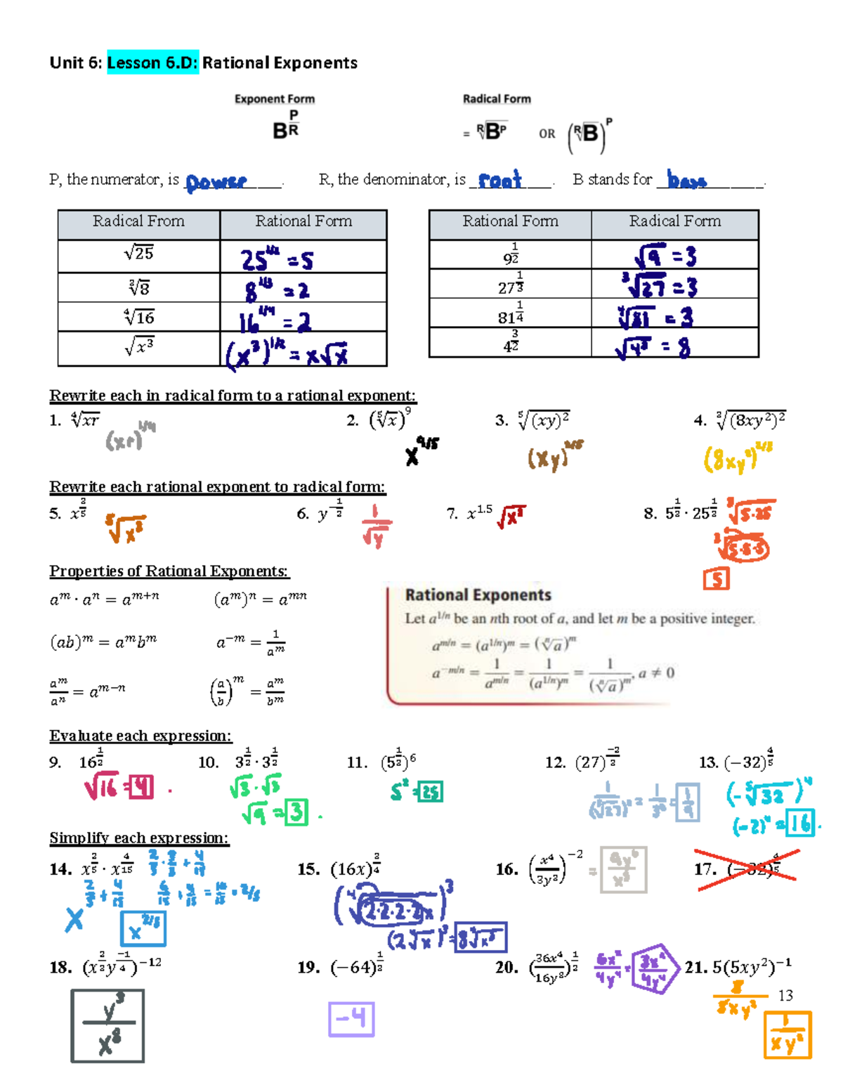 N6.D Rational Exponents - 13 Unit 6 : Lesson 6 .D: Rational Exponents P ...