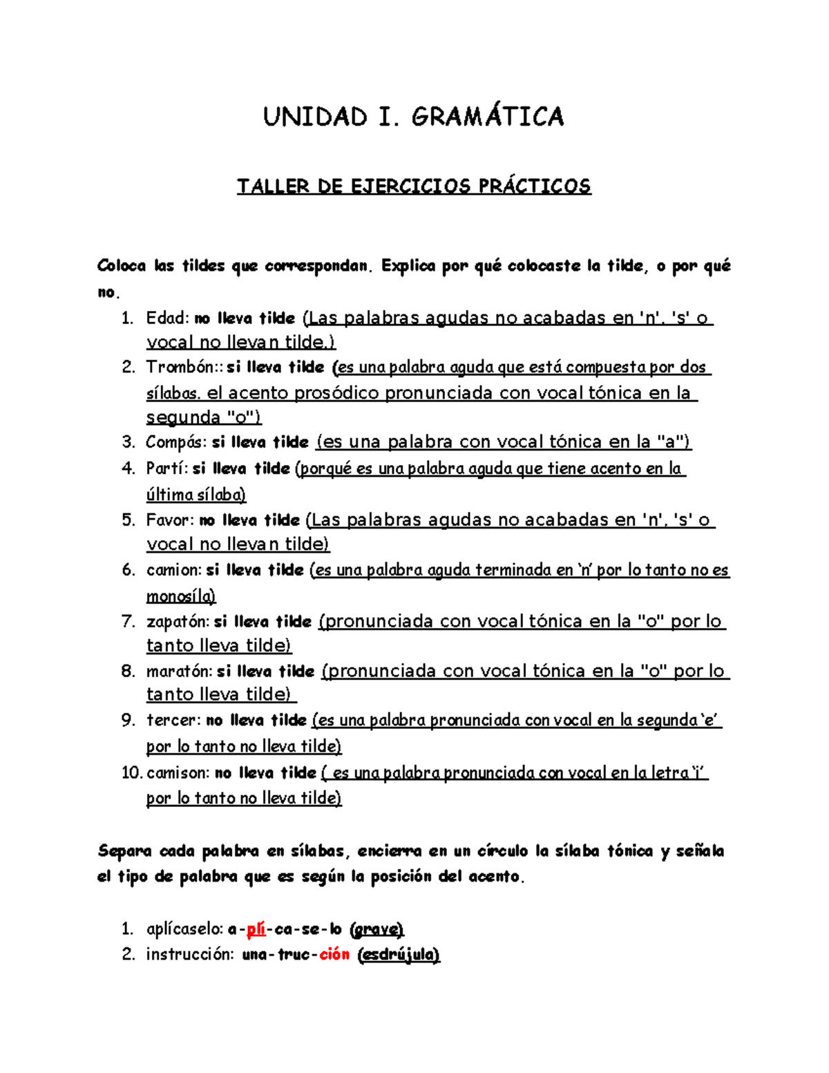 Taller de Ejercicios Prácticos de Gramática 1: Análisis y Respuestas ...