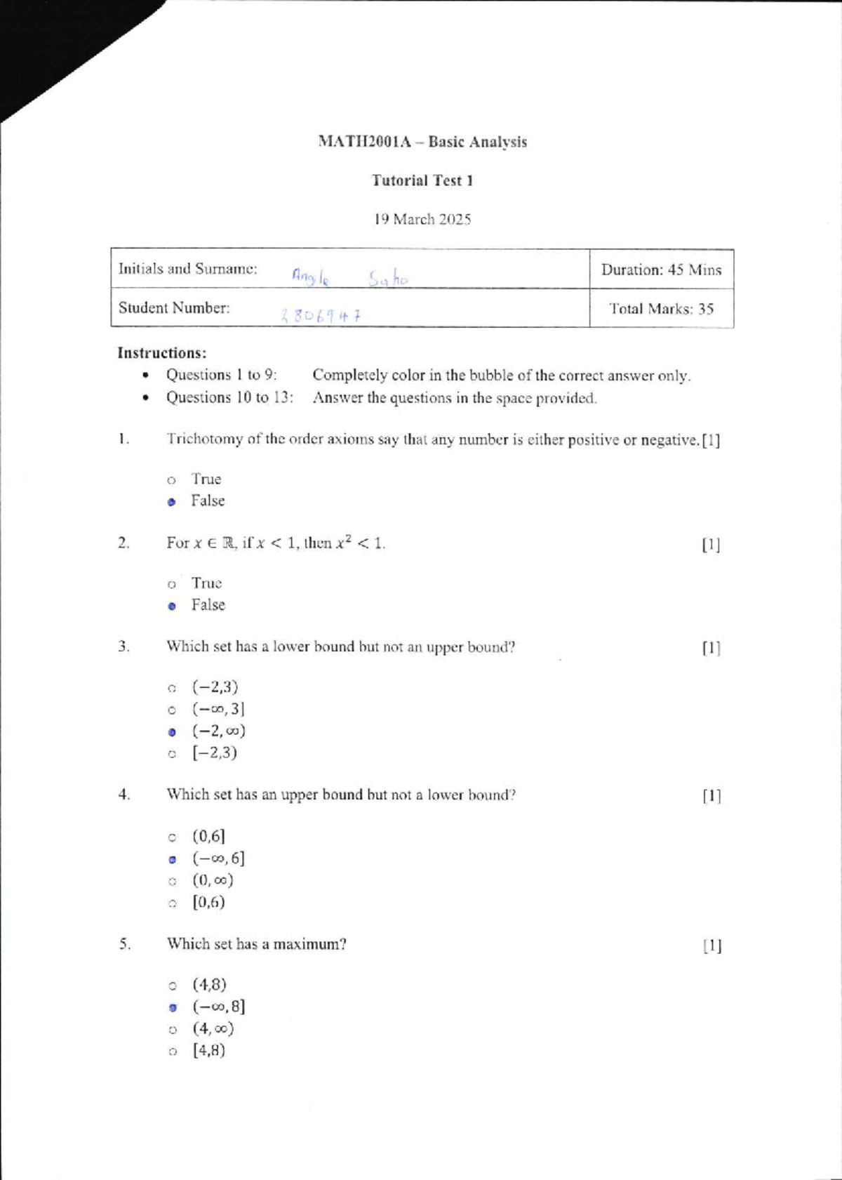 MATH2001A Basic Analysis Tutorial Test 1 - March 19, 2025 - Studocu