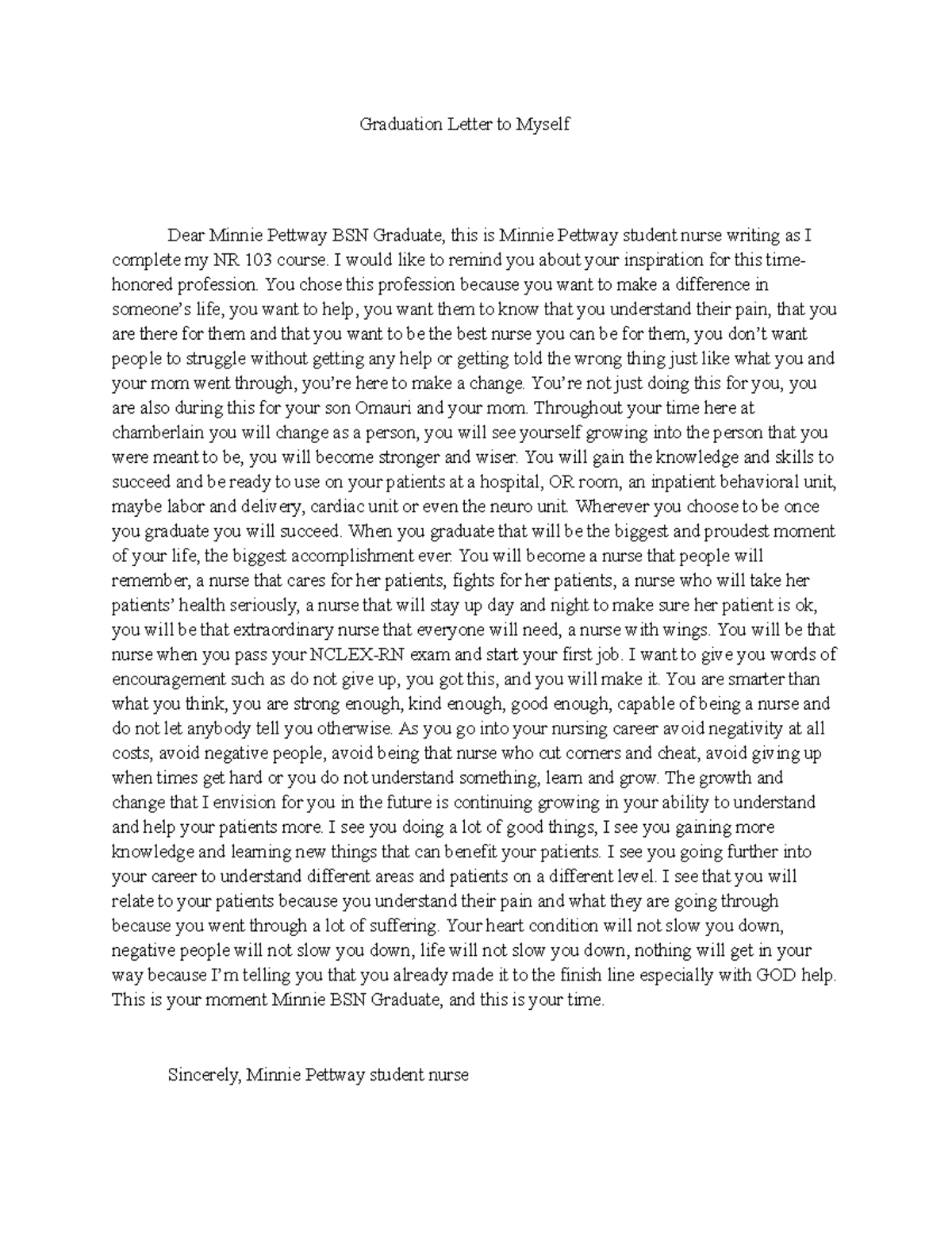 NR 103 Final Reflection: A Letter to My Future Self as a BSN Graduate ...