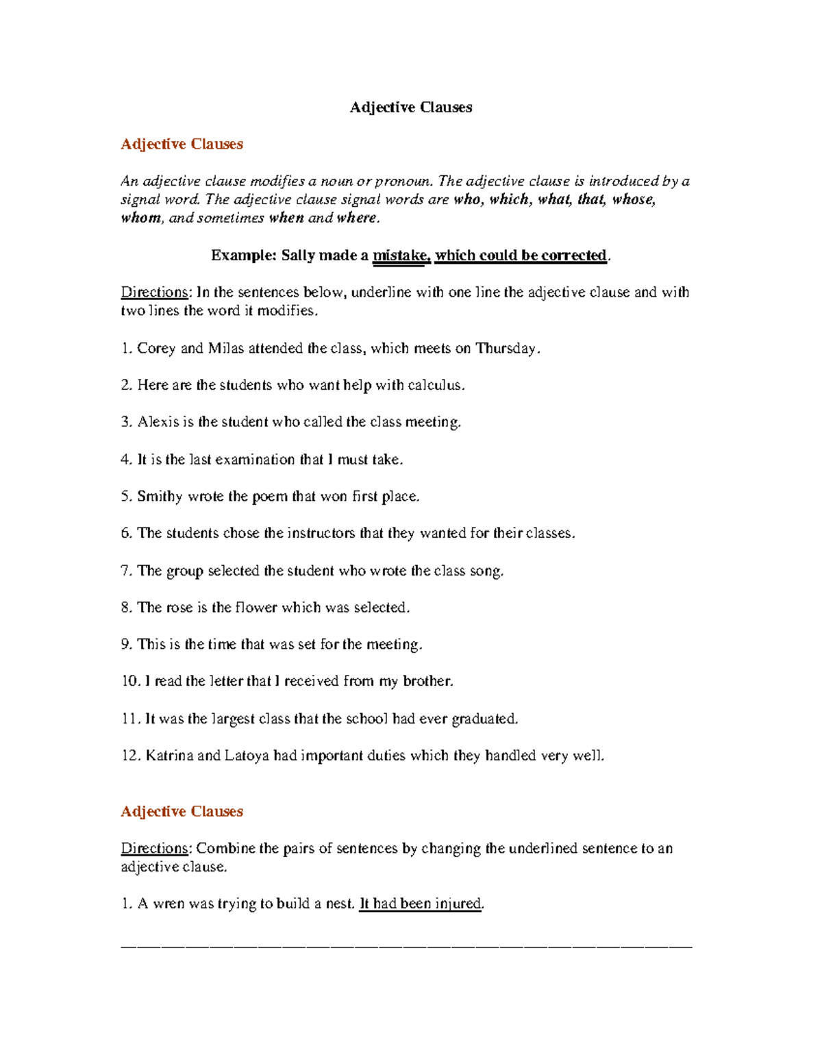 Assignments of Adjective Clause - Adjective Clauses Adjective Clauses ...