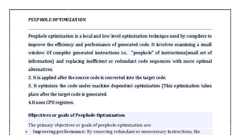 PEEPHOLE OPTIMIZATION IN COMPILER DESIGN: A DETAILED EXPLANATION - Studocu