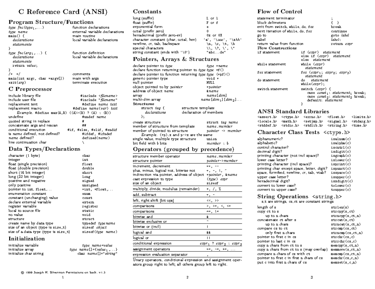C Programming Cheat Sheet (ANSI) - Quick Reference Guide - Studocu