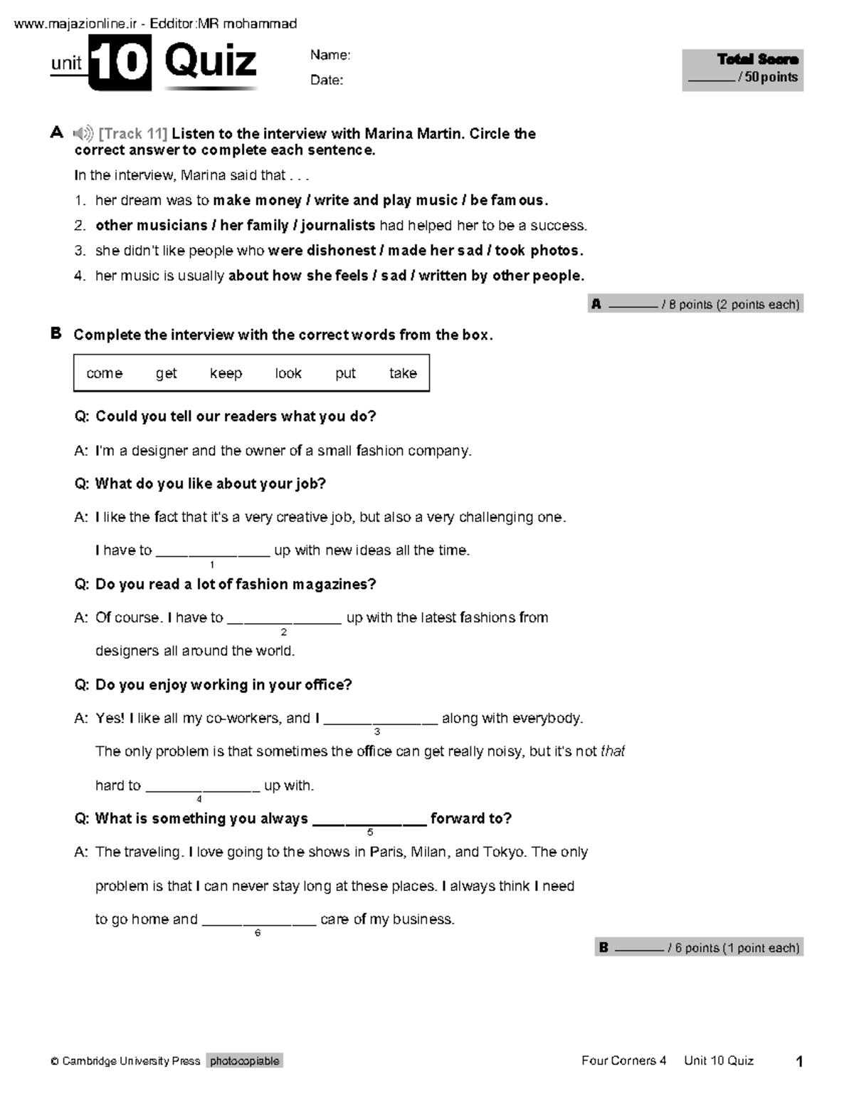 Four Corners 4 Unit 10 Quiz: Listening and Grammar Exercises - Studocu